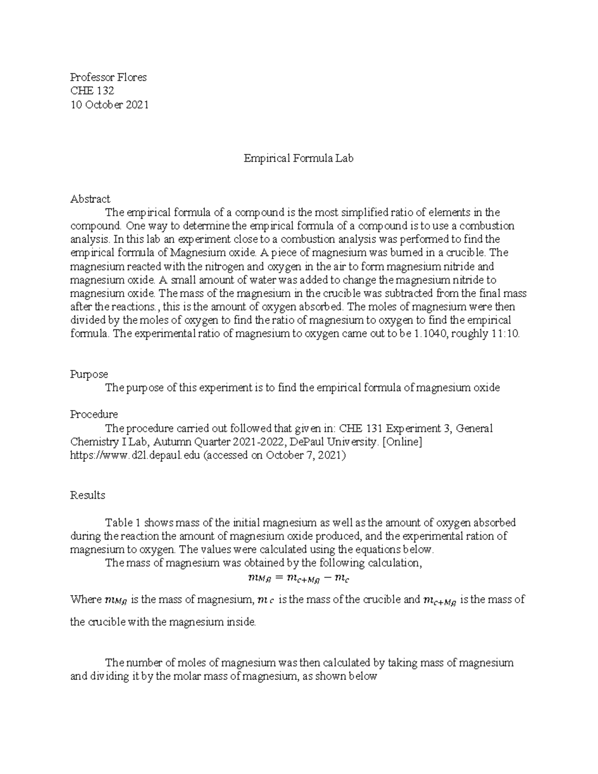 Empirical Formula Lab Report - Professor Flores CHE 132 10 October 2021 Empirical Formula Lab ...
