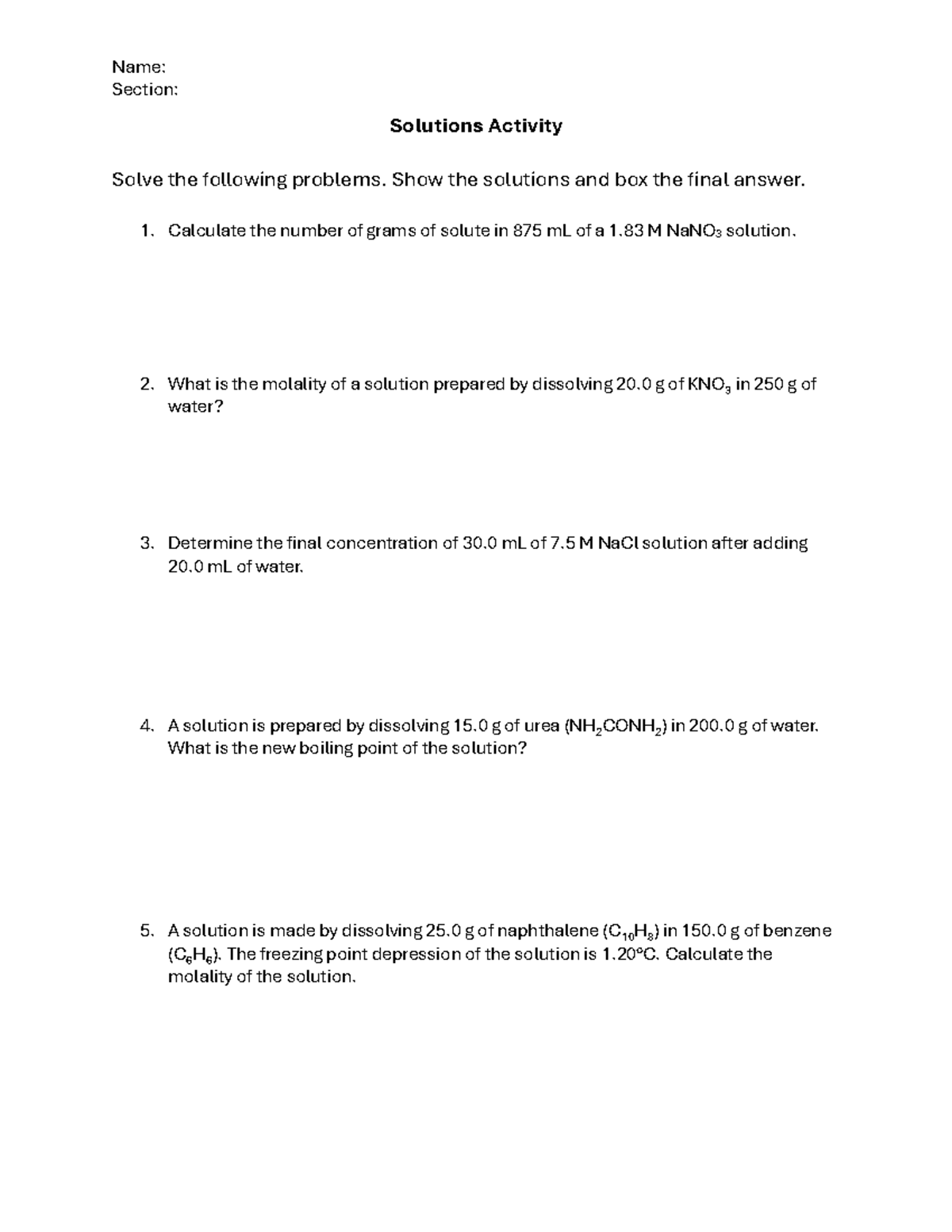 Solutions+Activity - chem - Name: Section: Solutions Activity Solve the ...