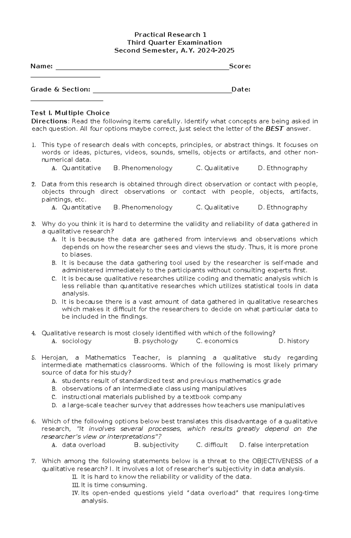 Practical Research 1: Third Quarter Exam Review for A.Y. 2023-2024 ...