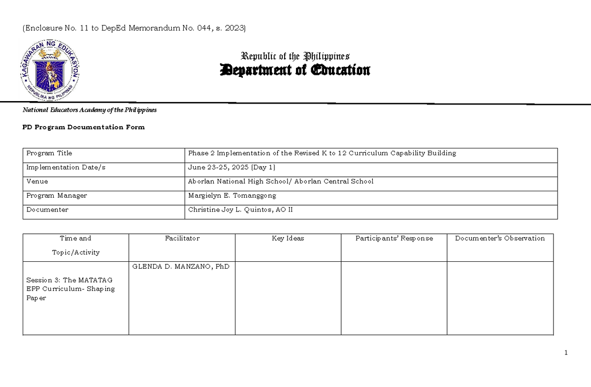 PD Program Documentation Form: K to 12 Curriculum Phase 2 - Studocu