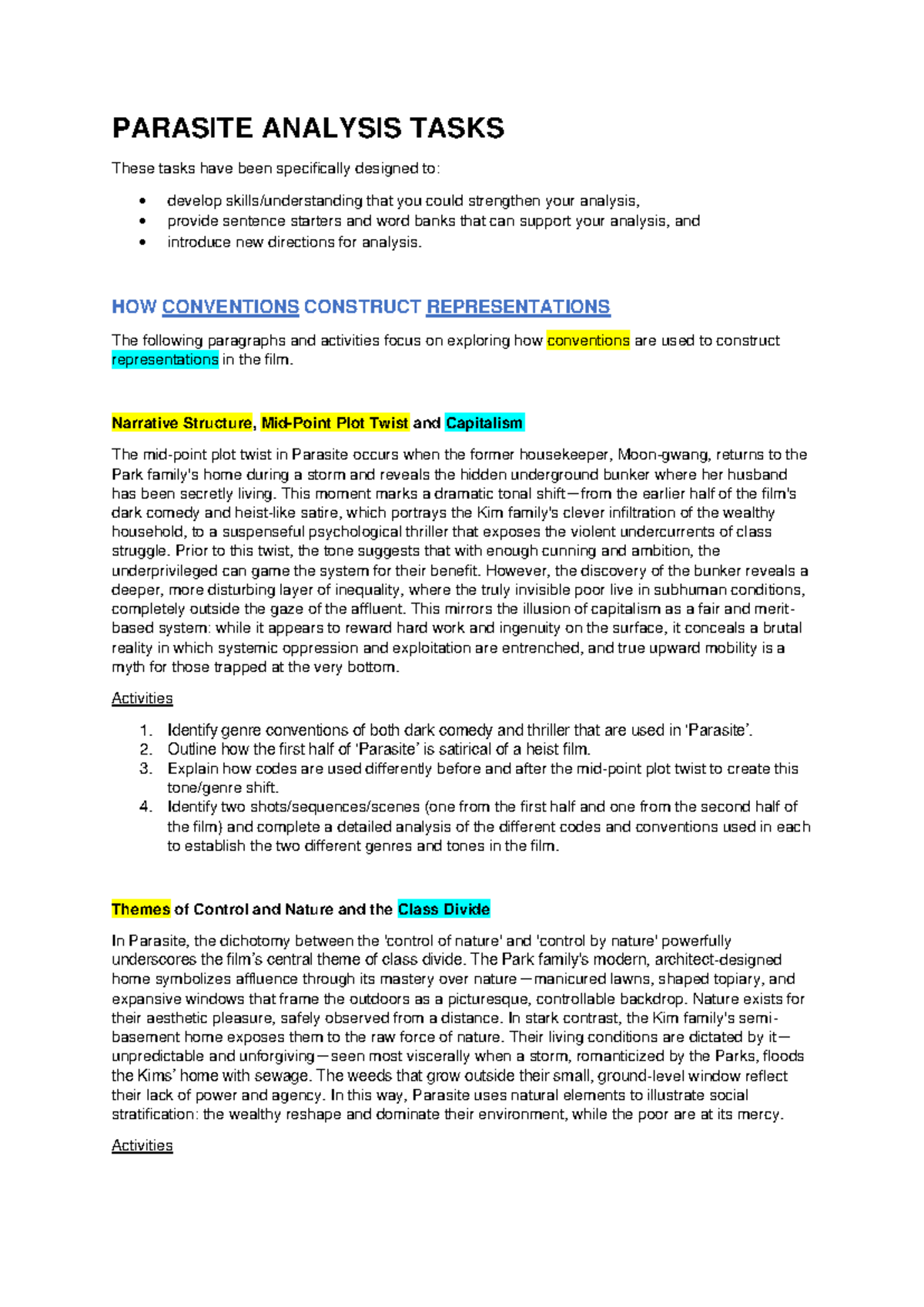 Parasite (FILM101) - Analysis Tasks and Activities on Class Divide ...