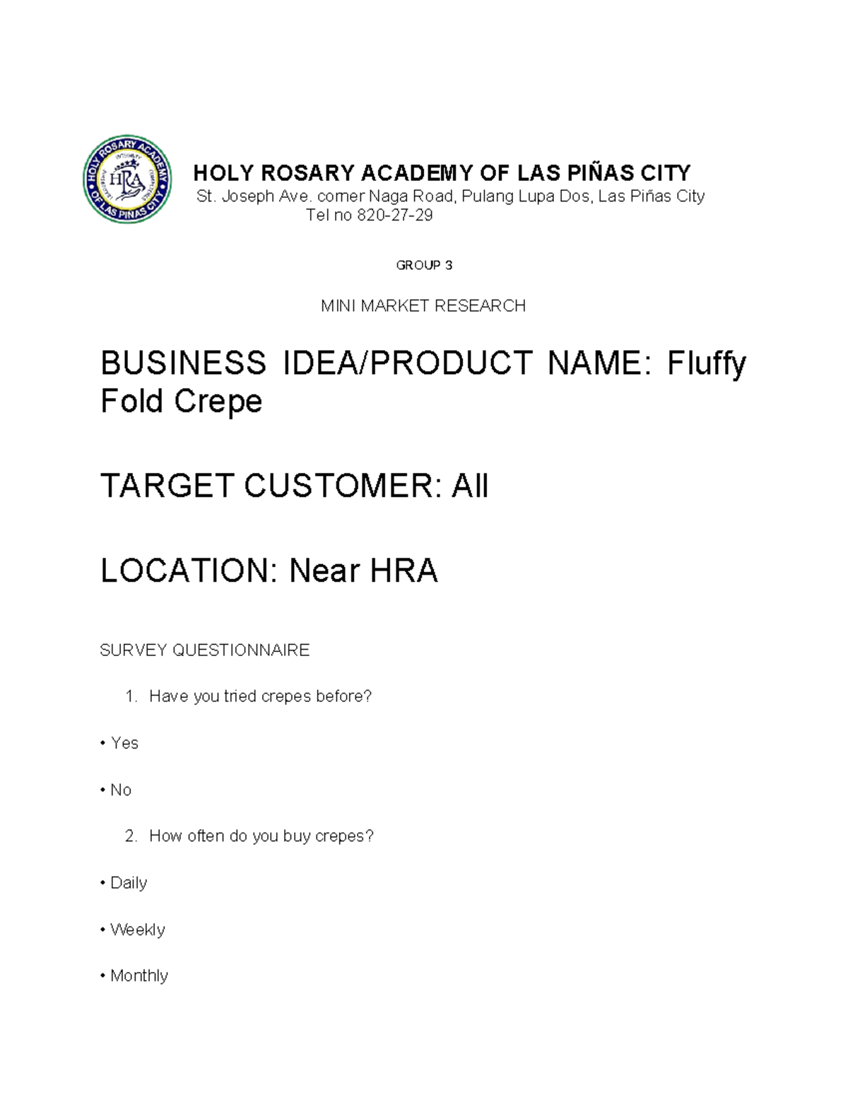 BUSINESS PLAN: Fluffy Fold Crepe Mini Market Research - Studocu