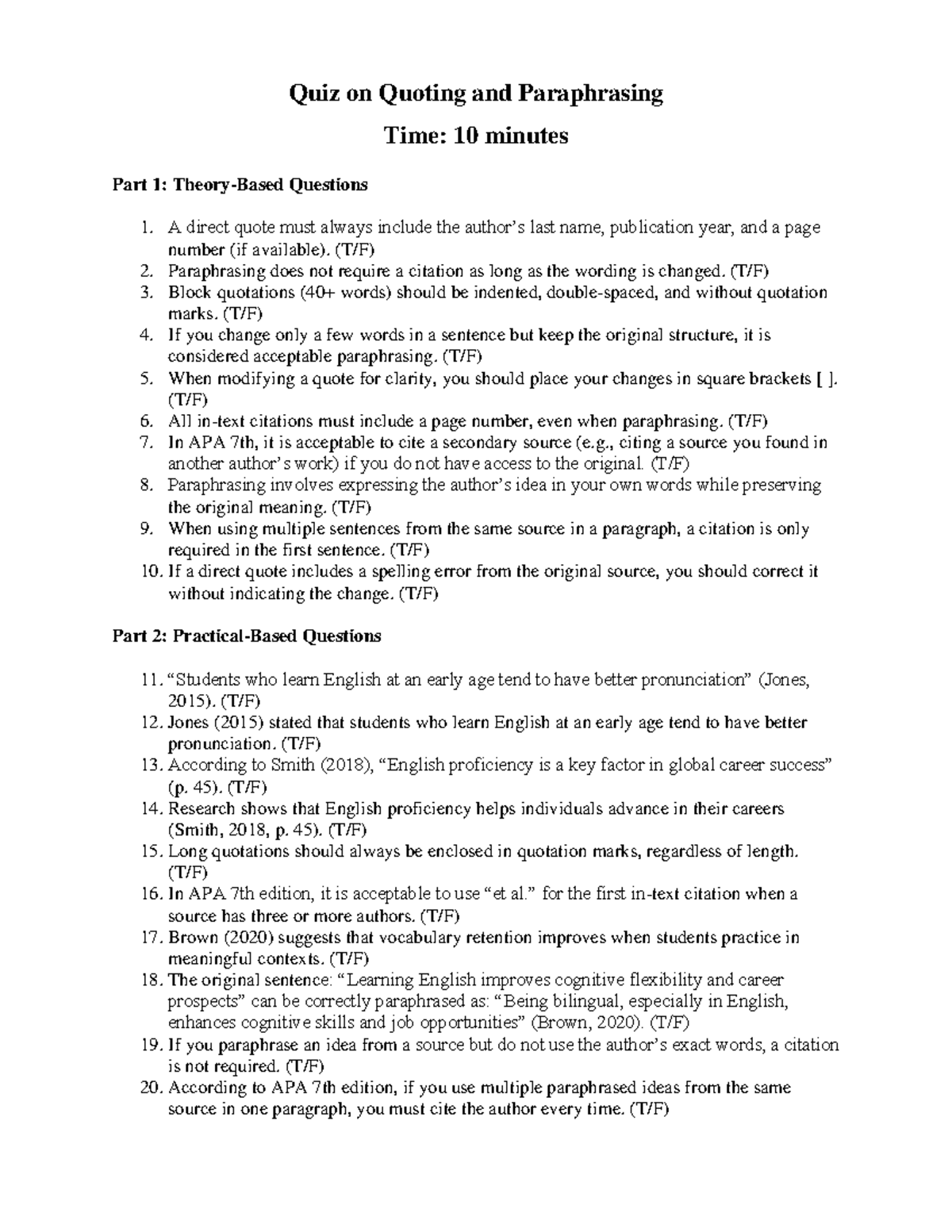 Quiz on Quoting & Paraphrasing: Key Concepts & Guidelines - Studocu