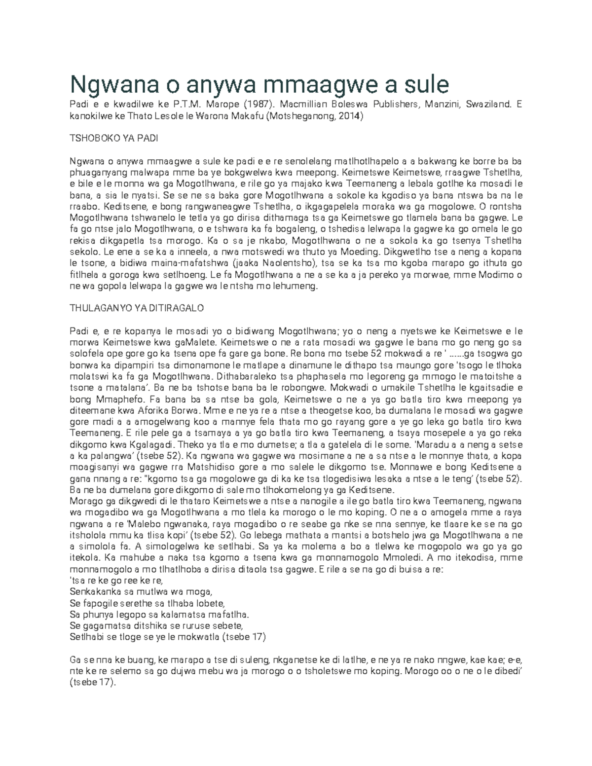 Ngwana o Anywa Mmaagwe a Sule: Tlhahlobo ya Padi le Ditlhopho - Studocu