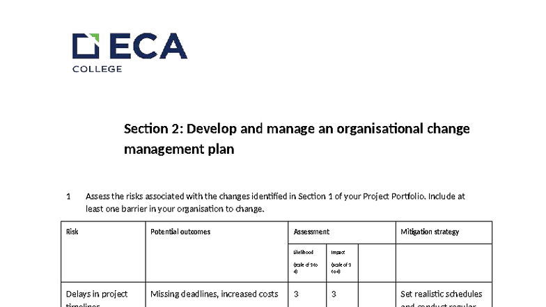 Project Portfolio ECA 45012: Change Management Plan Assessment - Studocu
