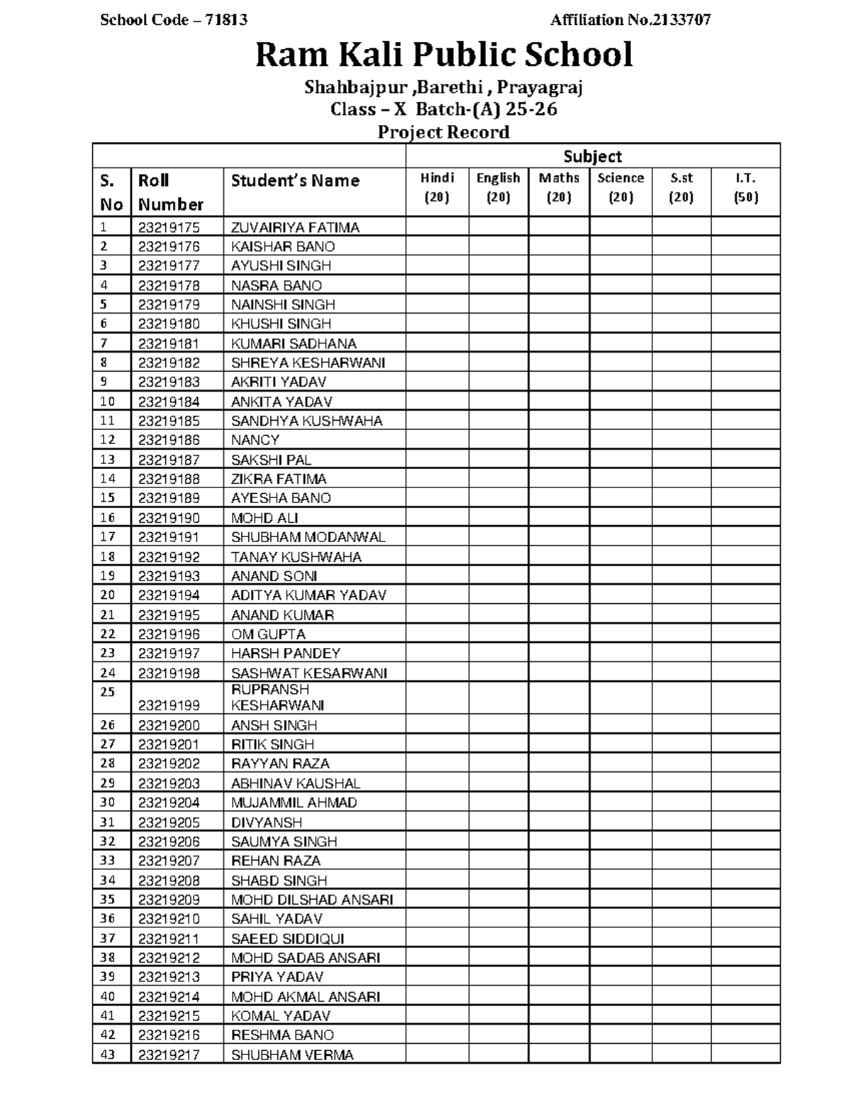 Class X Student List for Viva Group A - School Code 71813 - Studocu