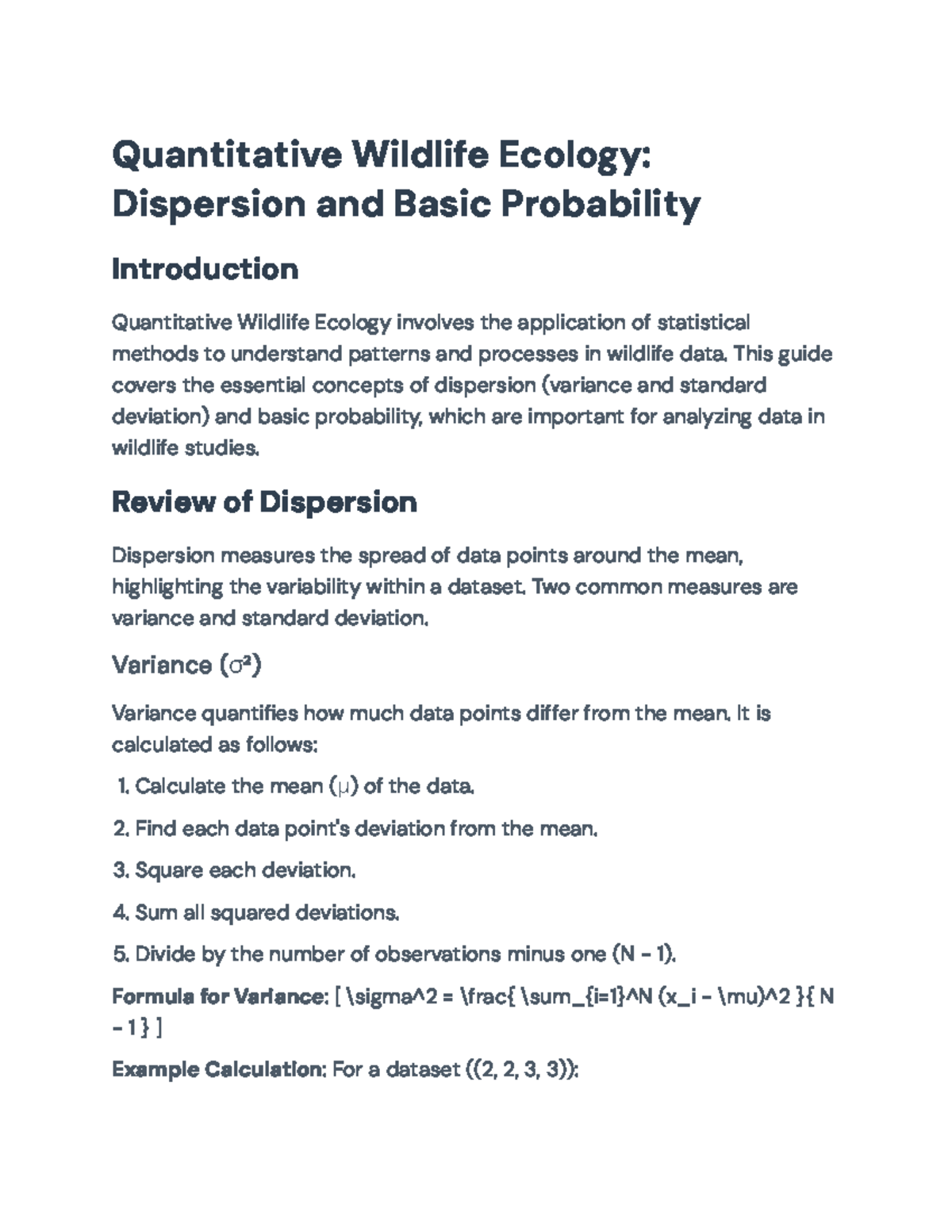 Quantitative Wildlife Ecology: Dispersion & Basic Probability Concepts - Quantitative Wildlife ...