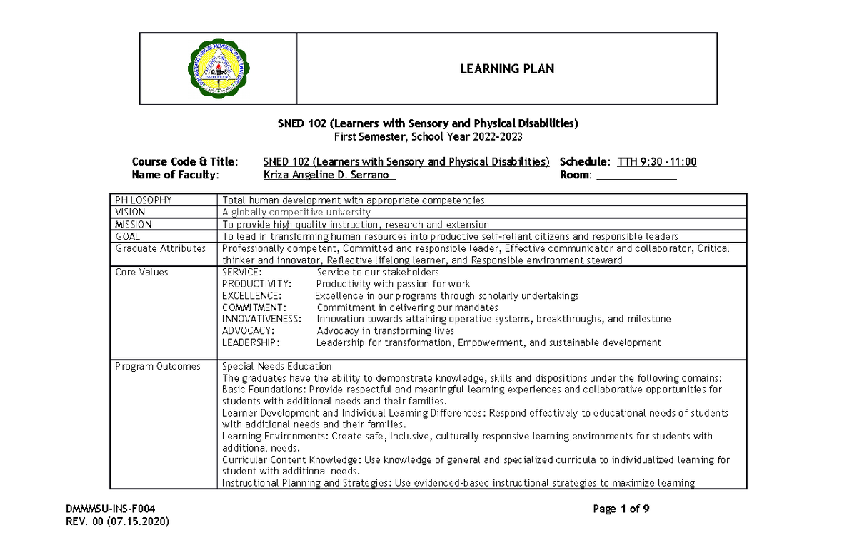 Bsned-2-SNED-102: Learning Plan for Sensory & Physical Disabilities - Studocu