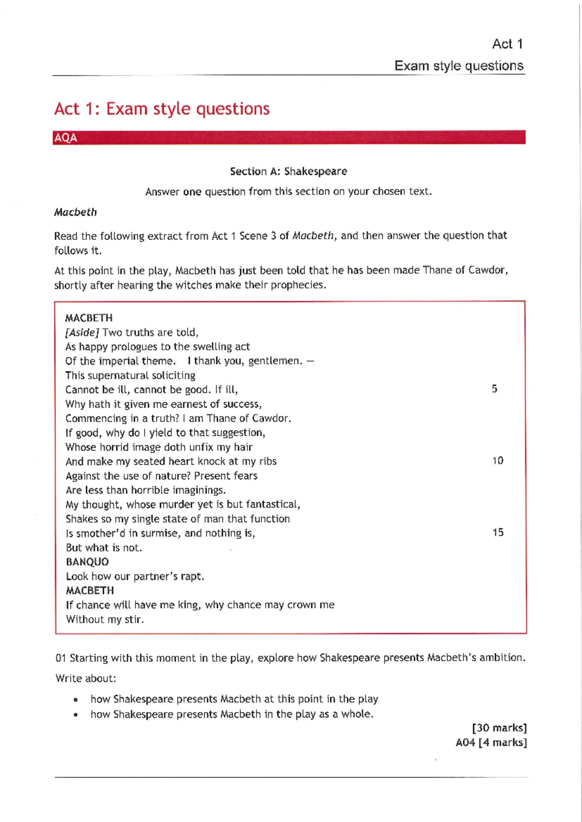 Macbeth exam practice pack - GCSE English Literature Paper 1: Macbeth ...