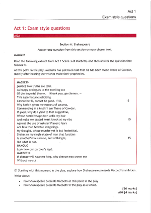 Macbeth exam practice pack - GCSE English Literature Paper 1: Macbeth ...
