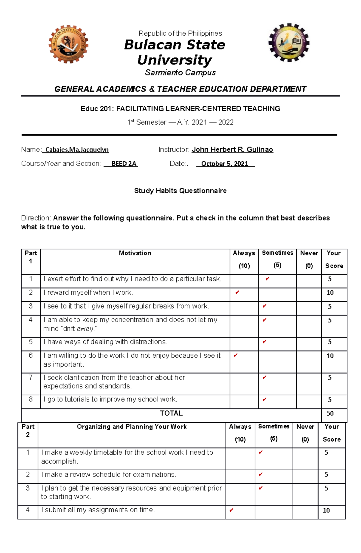 Study Habits Questionnaire for Educ 201 by Cabajes - Studocu