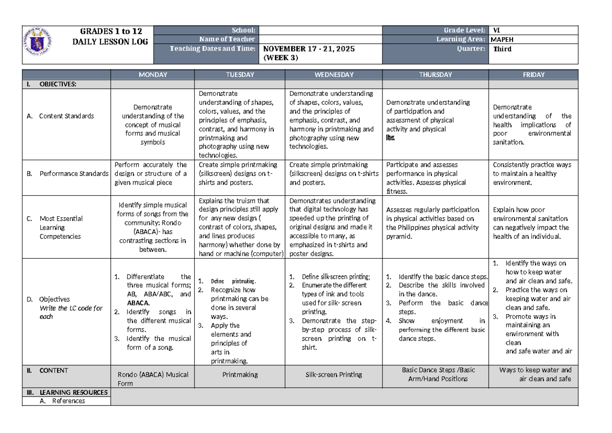 DLL MAPEH 6 Q3 W3: Musical Forms, Printmaking, and Environmental Health ...
