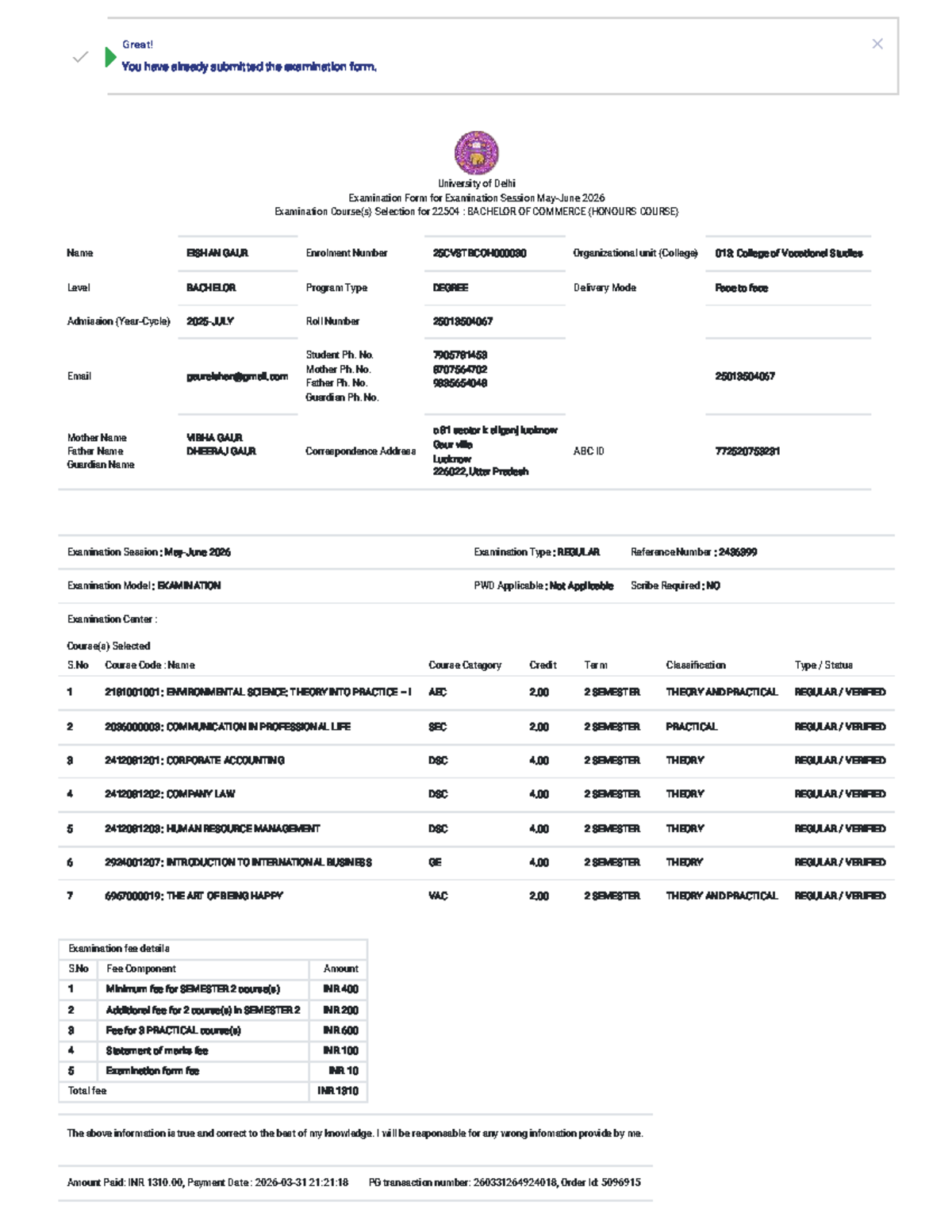 Exam Fee Slip for Semester 2 - B.Com (Hons) 22504 - Studocu