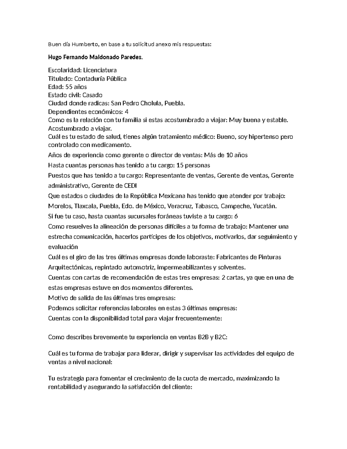 Respuestas a la entrevista escrita de Hugo Fernando Maldonado Paredes ...