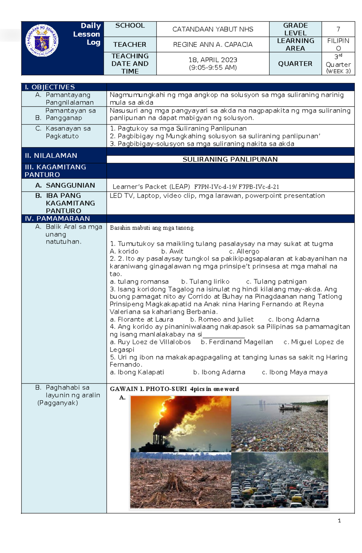 DISASTER RISK MITIGATION: GRADE 7 FILIPINO LESSON LOG (Q3) - Studocu