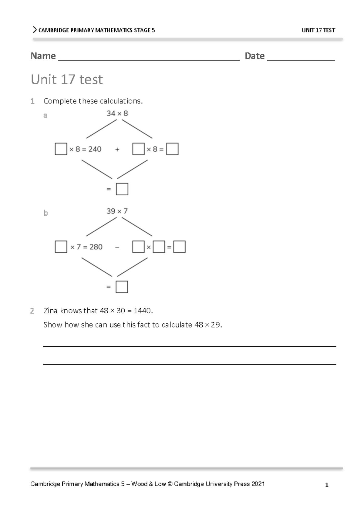 CAMBRIDGE PRIMARY MATHEMATICS STAGE 5 UNIT 17 TEST - Studocu