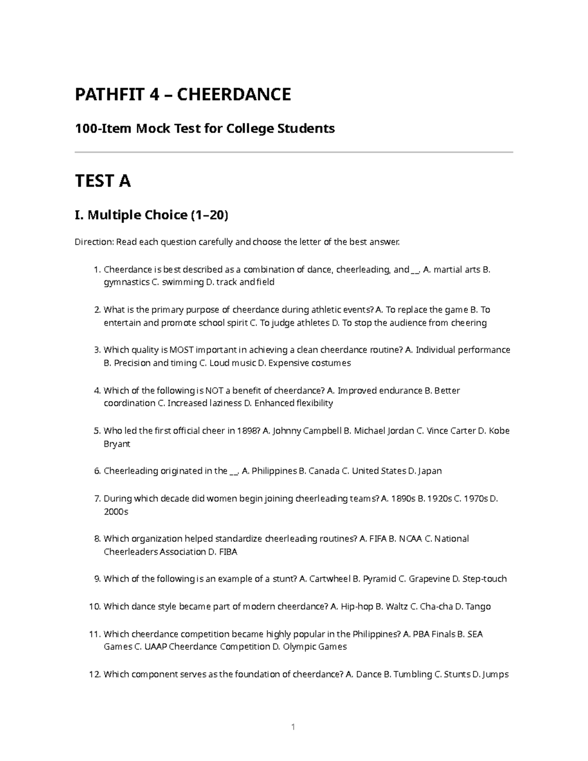 PATHFIT 4 CHEERDANCE 100-Item Mock Exam Test A - Studocu