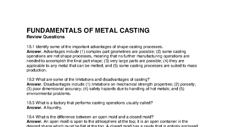 FUNDAMENTALS OF METAL CASTING Review Questions and Answers - Studocu