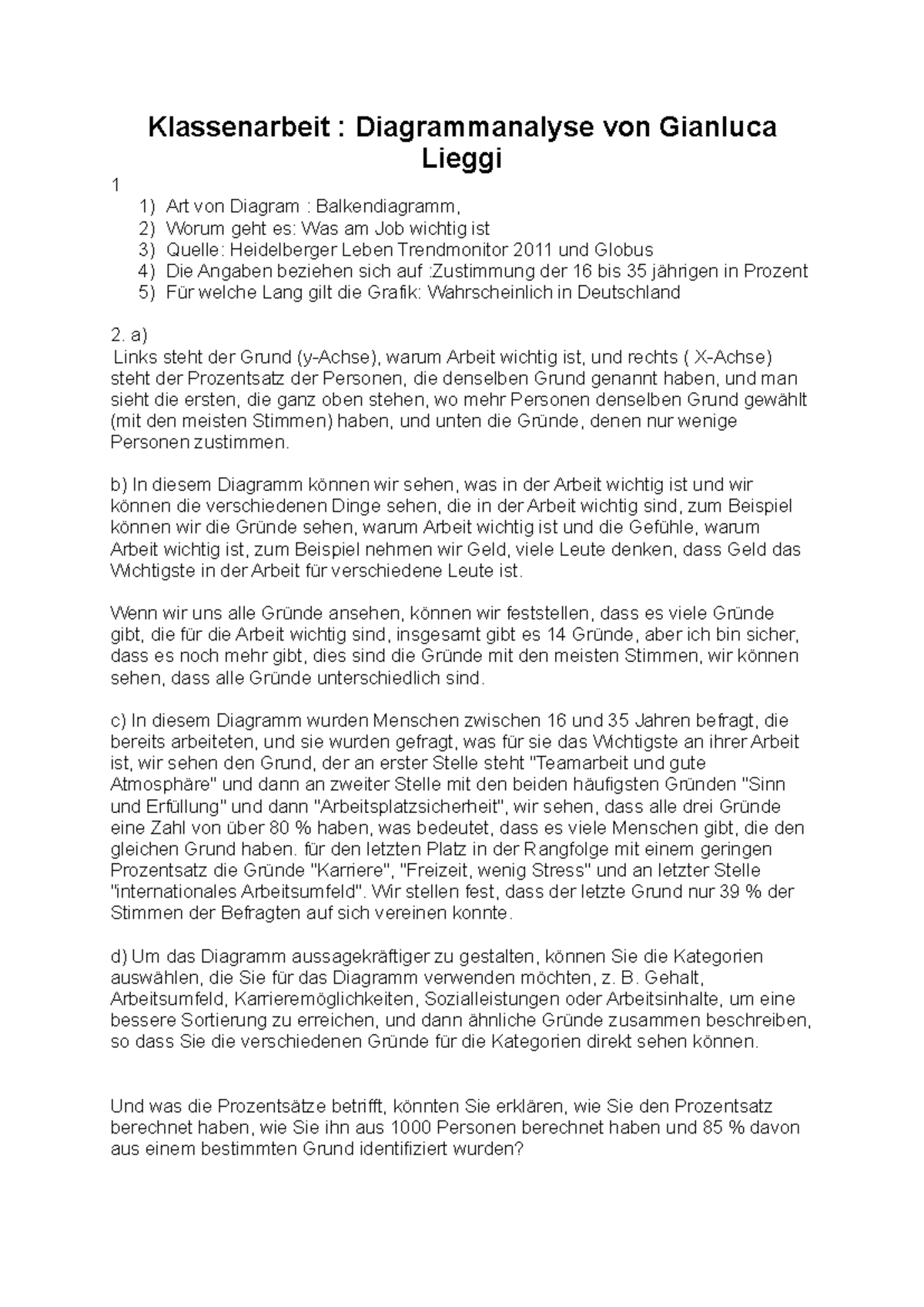 1 Klassenarbeit: Diagrammanalyse zur Wichtigkeit von Arbeit - Studocu