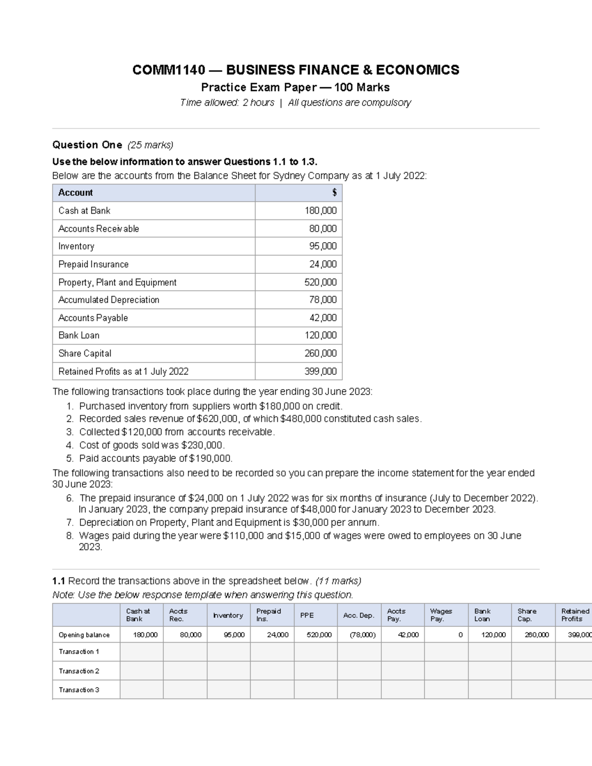 COMM1140 Business Finance Economics Final Exam Practice Paper - Studocu