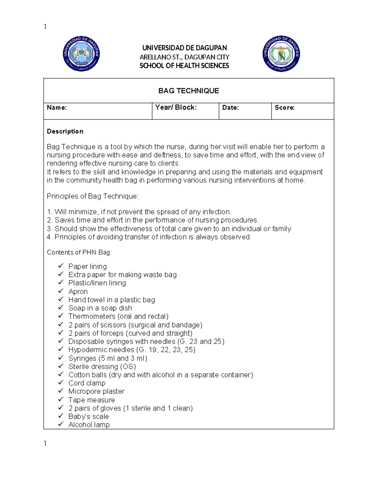CHN 101 Bag Technique for Effective Nursing Care in Home Visits - Studocu
