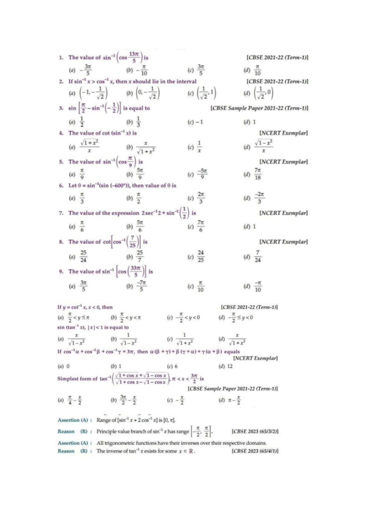 Inverse Trigonometric Functions Sample Paper 2023 - Studocu
