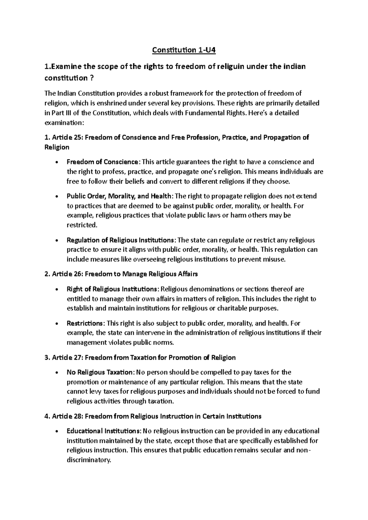 Constitution 1-u4: Examining Freedom of Religion Rights in India - Studocu