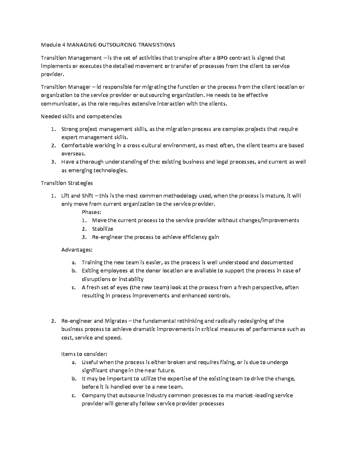 BPO 101 Module 4-5: Managing Outsourcing Transitions Overview - Studocu