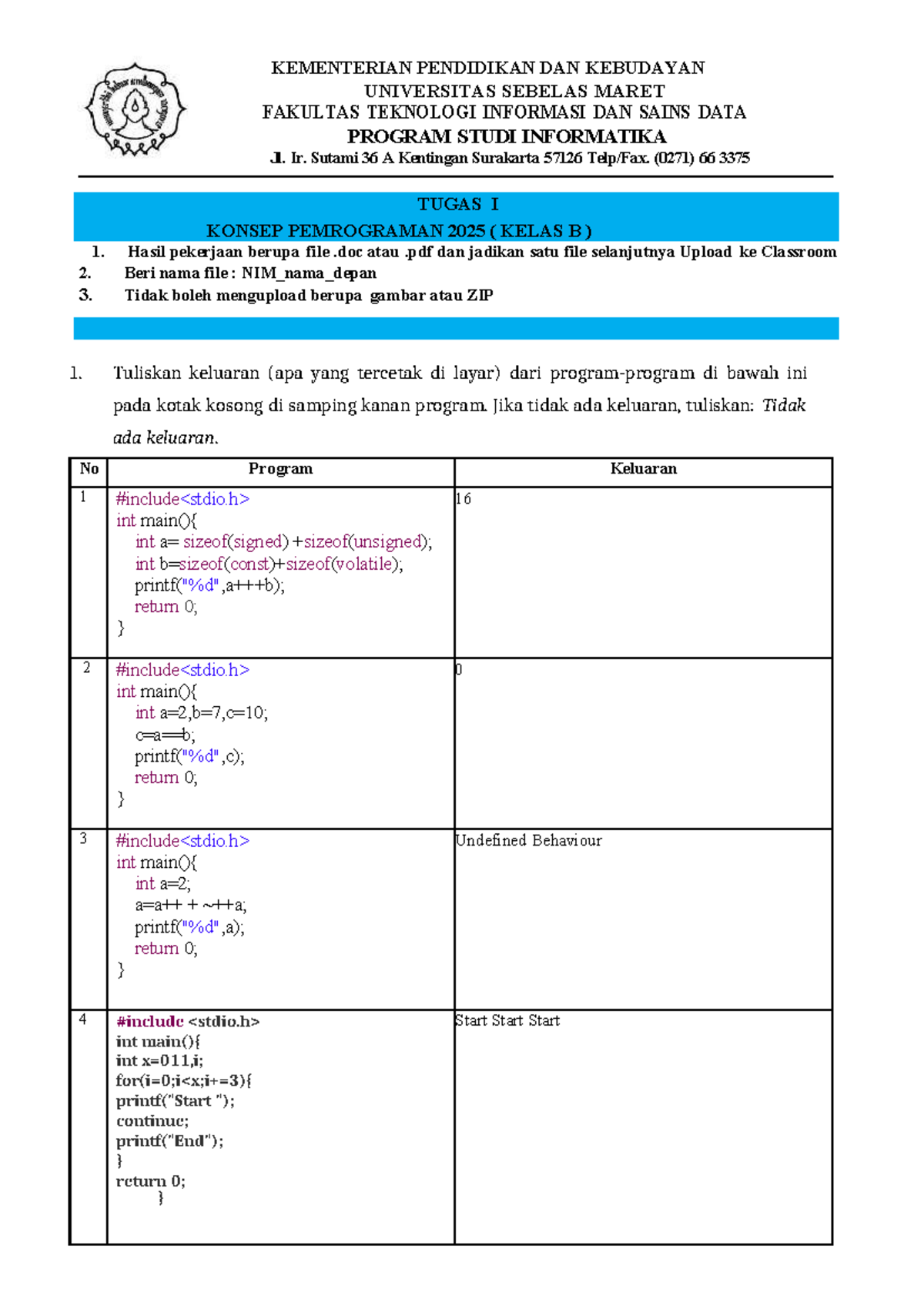 TUGAS I KONSEP PEMROGRAMAN 2025 (KELAS B) - SOAL DAN KODE PROGRAM - Studocu