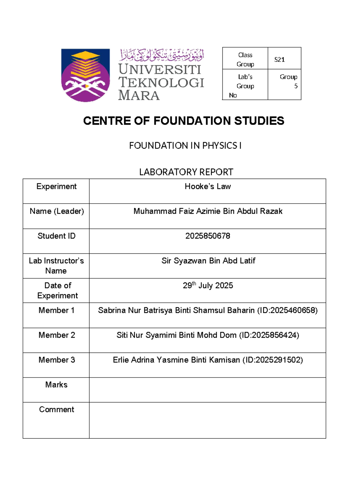 Physics Lab Report (Experiment 2) - Group 5 - Foundation in Physics I - Studocu