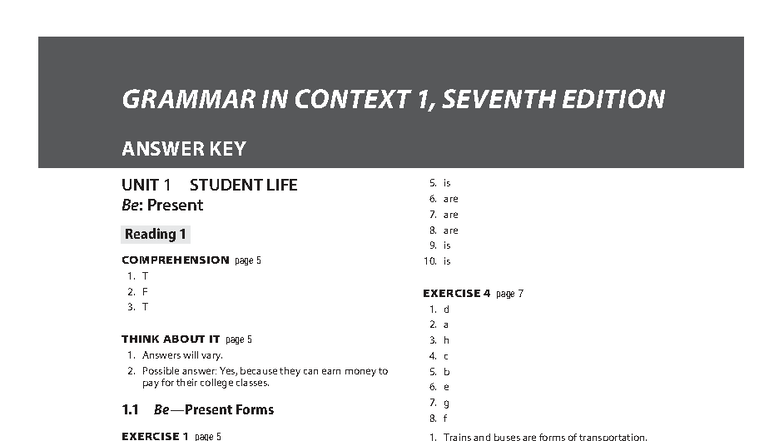 Grammar in Context 1, 7th Ed. Answer Key for Unit 1: Student Life - Studocu