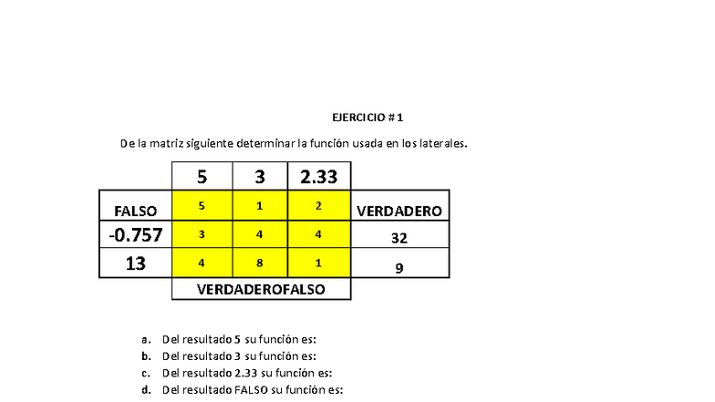 Ejercicio 1 - EJERCICIO # 1 De la matriz siguiente determinar la función usada en los laterales ...