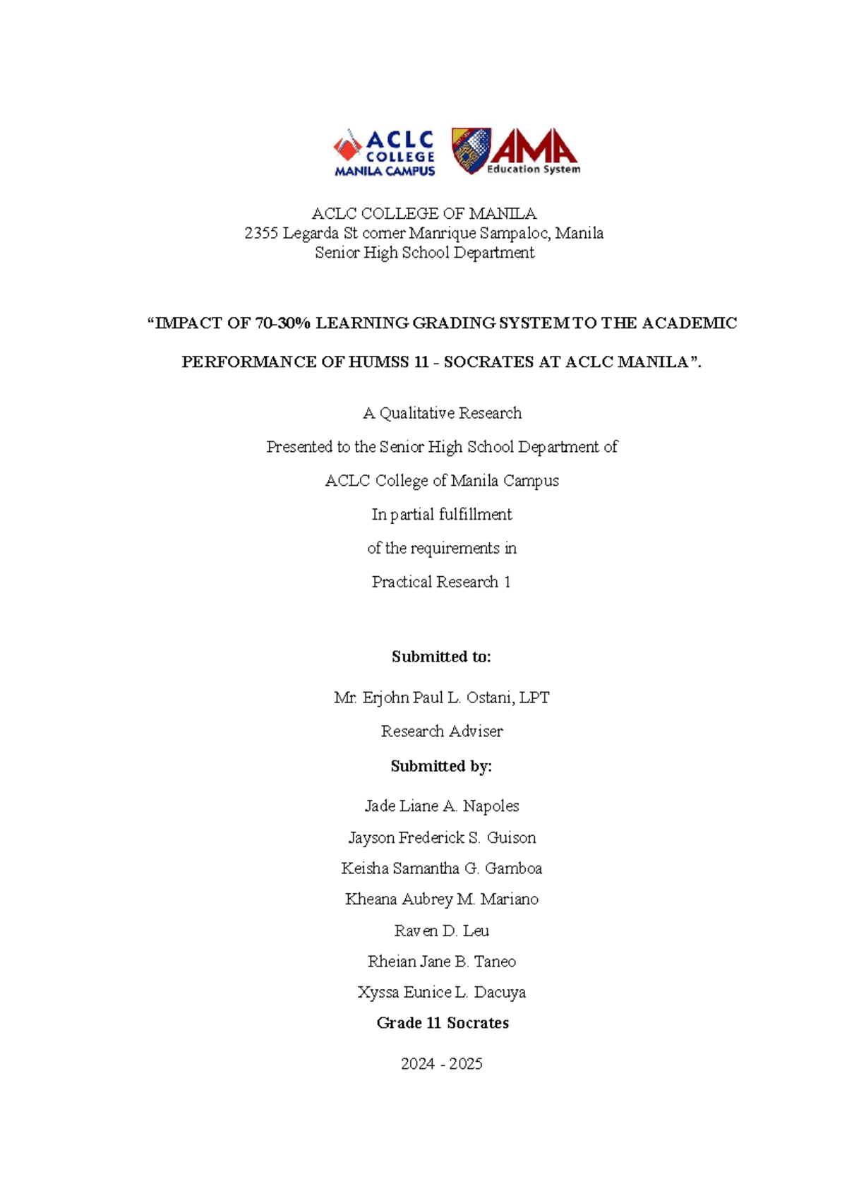 Impact of Learning Grading System on HUMSS 11 Socrates' Performance ...
