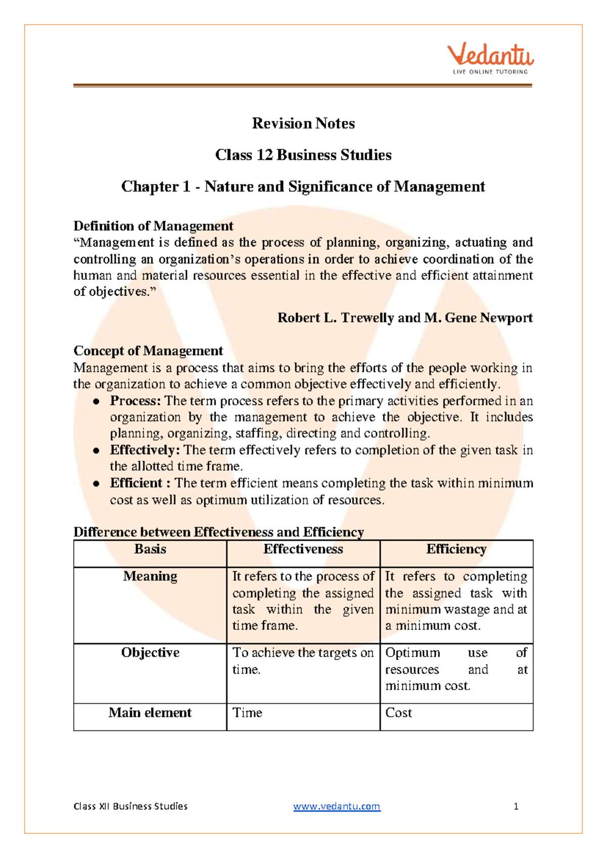 Business Studies Class 12: Chapter 1 Management Revision Notes - Studocu