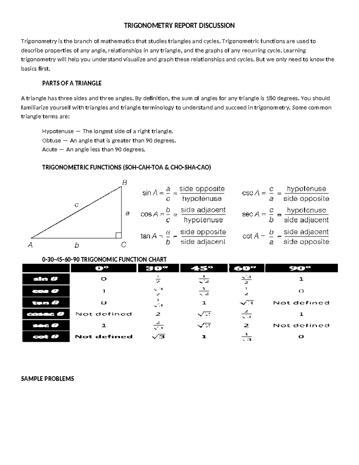 Trigonometry Report: Understanding Triangles and Functions - Studocu