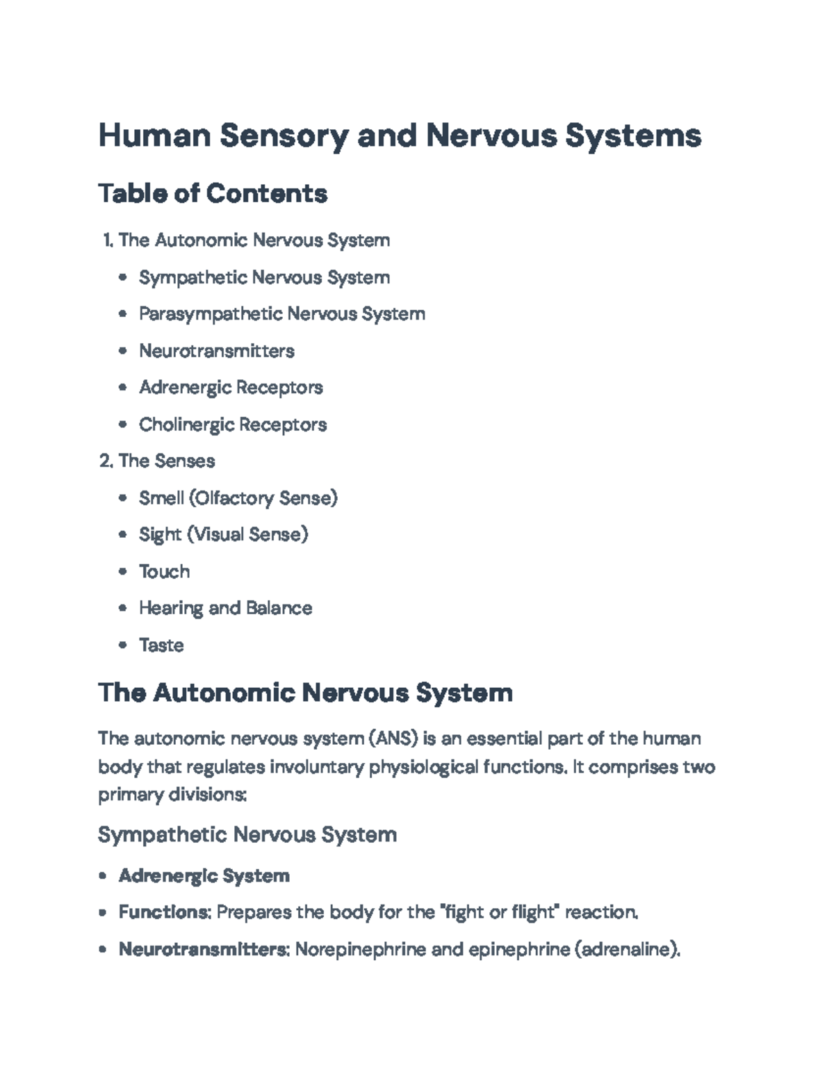Human Sensory & Nervous Systems Overview for BIO101 Final Exam - Human ...