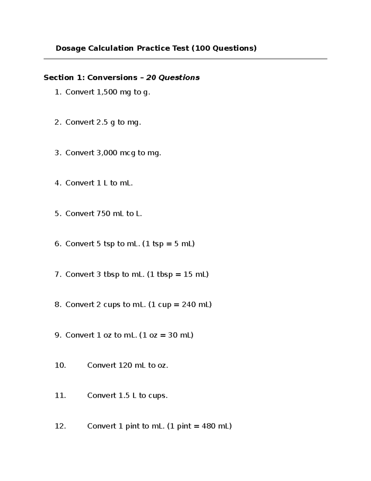 Dosage Calculation Practice Test (NUR 101) - 100 Questions - Studocu