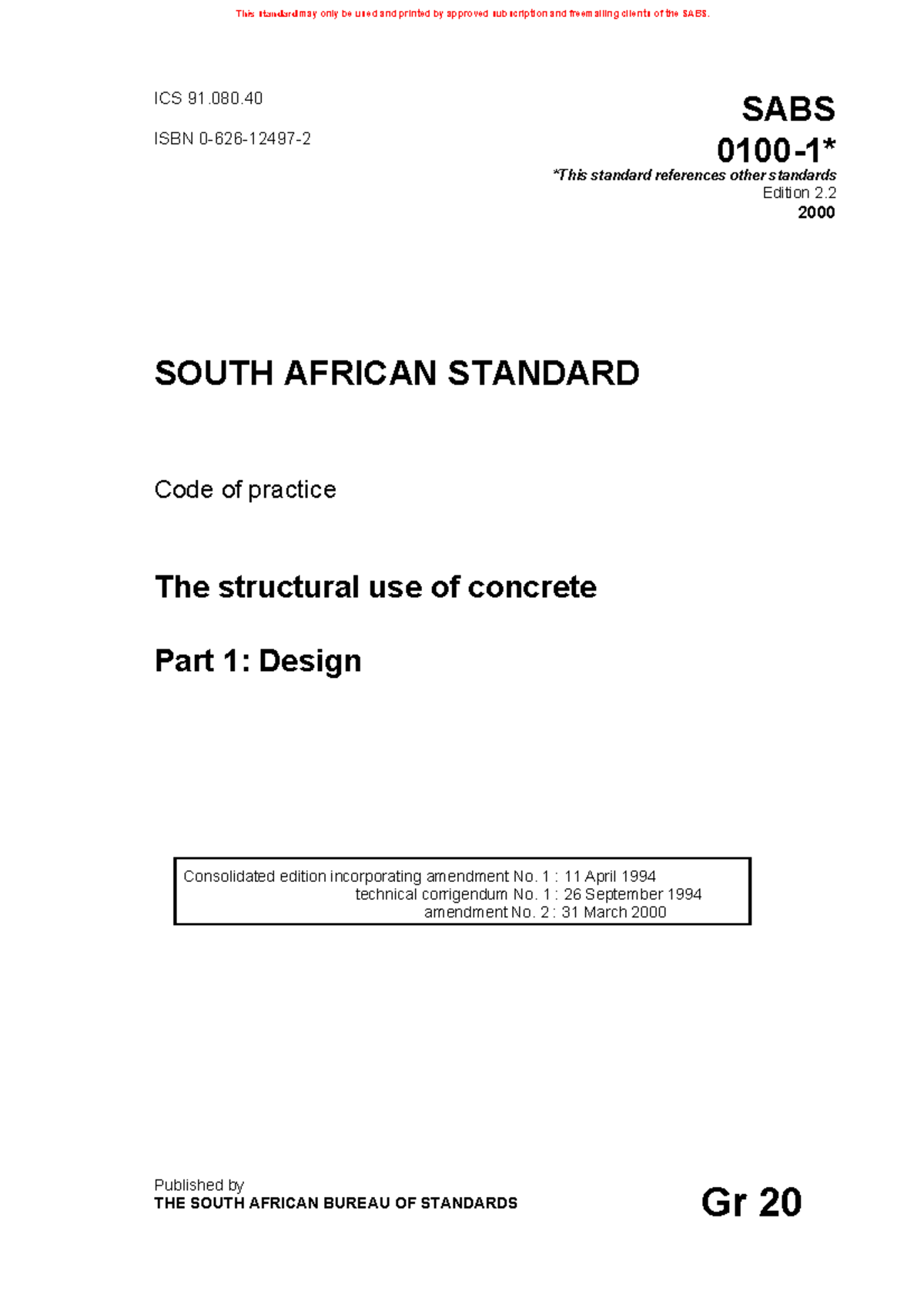 SABS 0100-1:2000 Structural Use of Concrete - Design Principles Ed. 2 ...