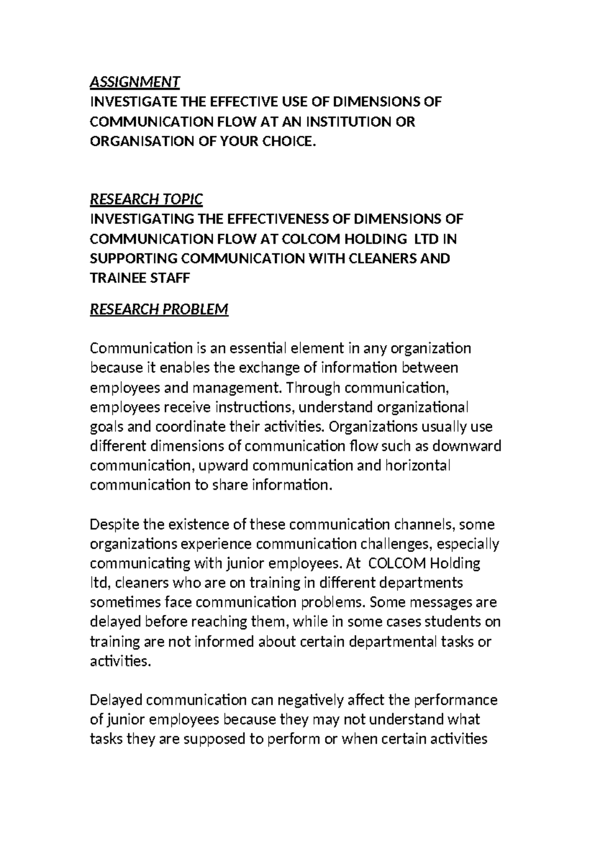 Communication DIM - Effectiveness of Flow at Colcom Holding Ltd - Studocu