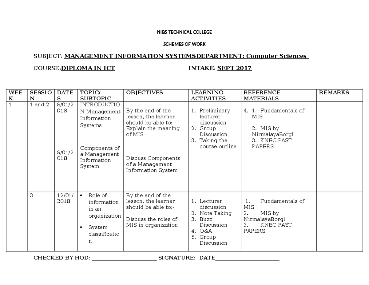 MIS - Diploma in ICT Schemes of Work (Sept 2017 Intake) - Studocu