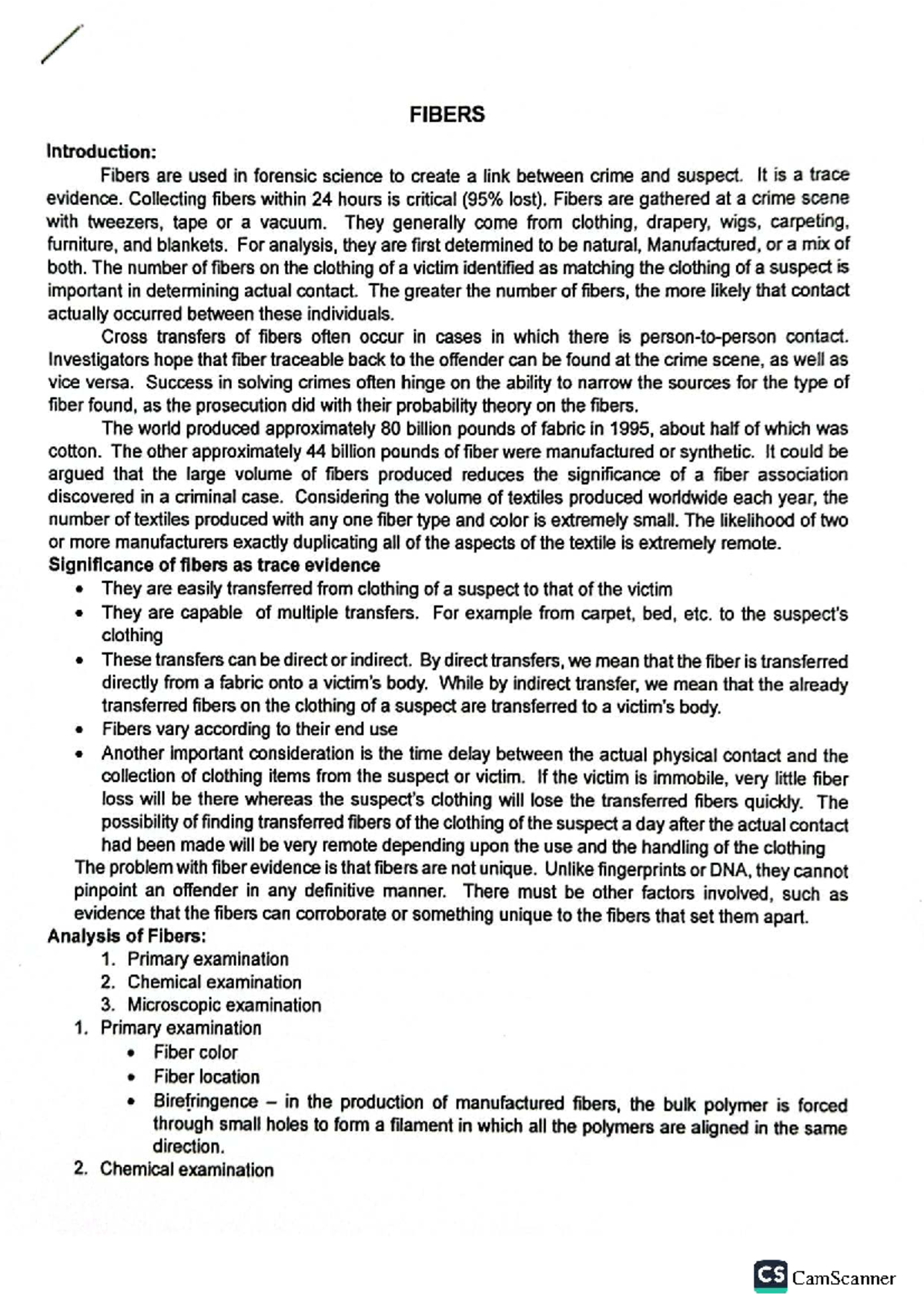 FIBERS 101: Forensic Analysis of Fiber Evidence in Crime Scenes - Studocu