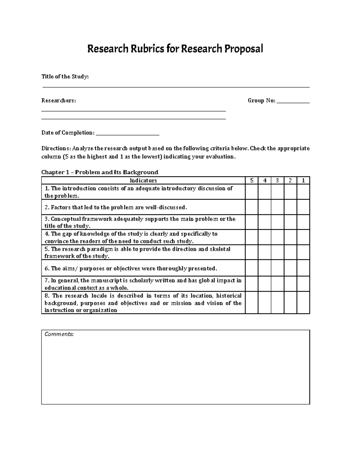 Research Rubrics: Analyzing Chapter 1 of a Proposal - Studocu
