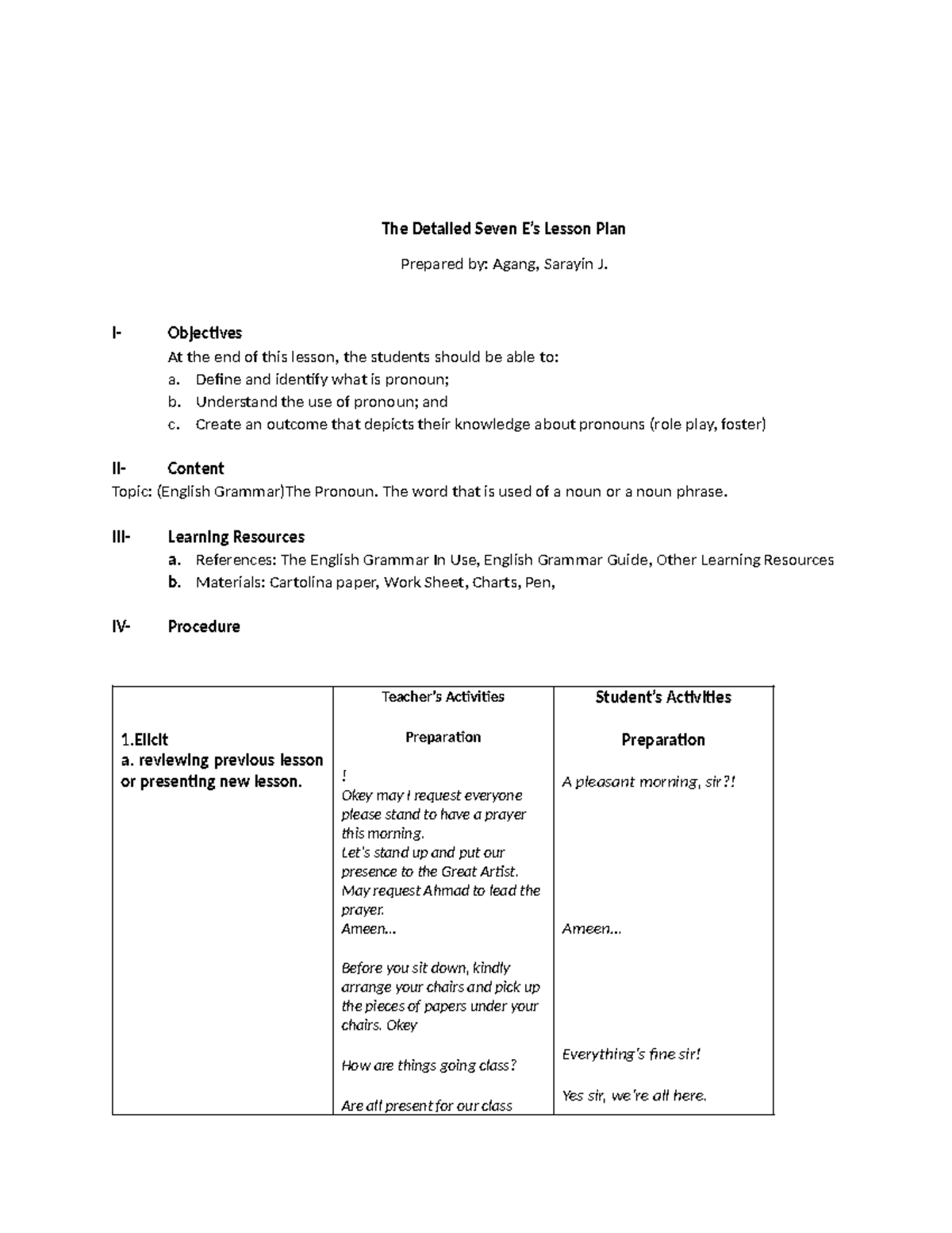 The 7 Lesson Plan on Pronouns: Objectives and Activities - Studocu