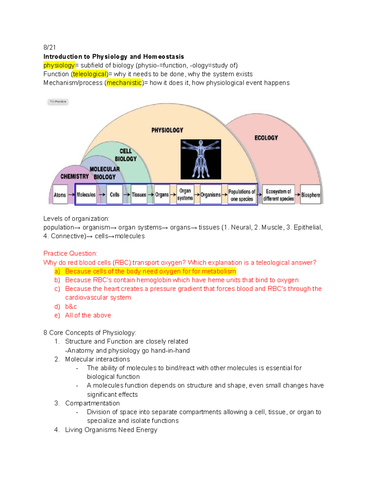 Human Physiology Overview: Key Concepts & Homeostasis (BIO 101) - Studocu