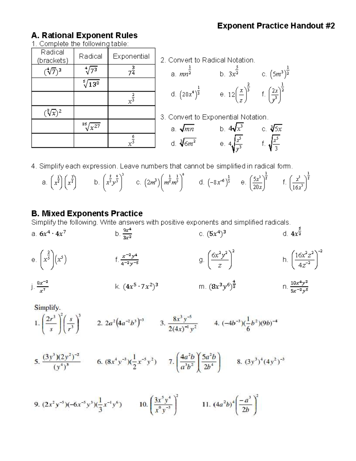 M10 Exponent Practice Handout: Rational & Mixed Exponent Rules - Studocu