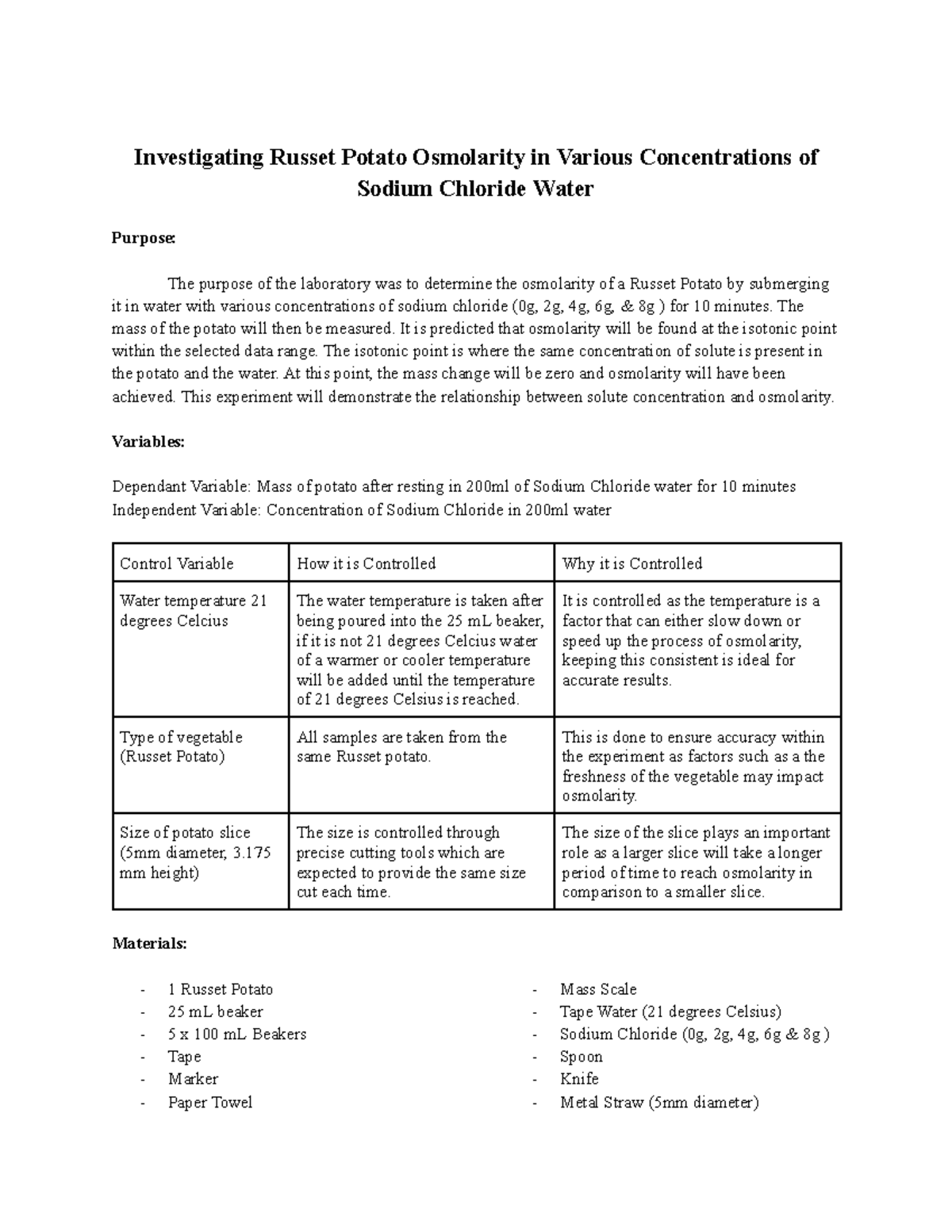 Osmolarity Lab: Examining Russet Potato Responses to NaCl ...