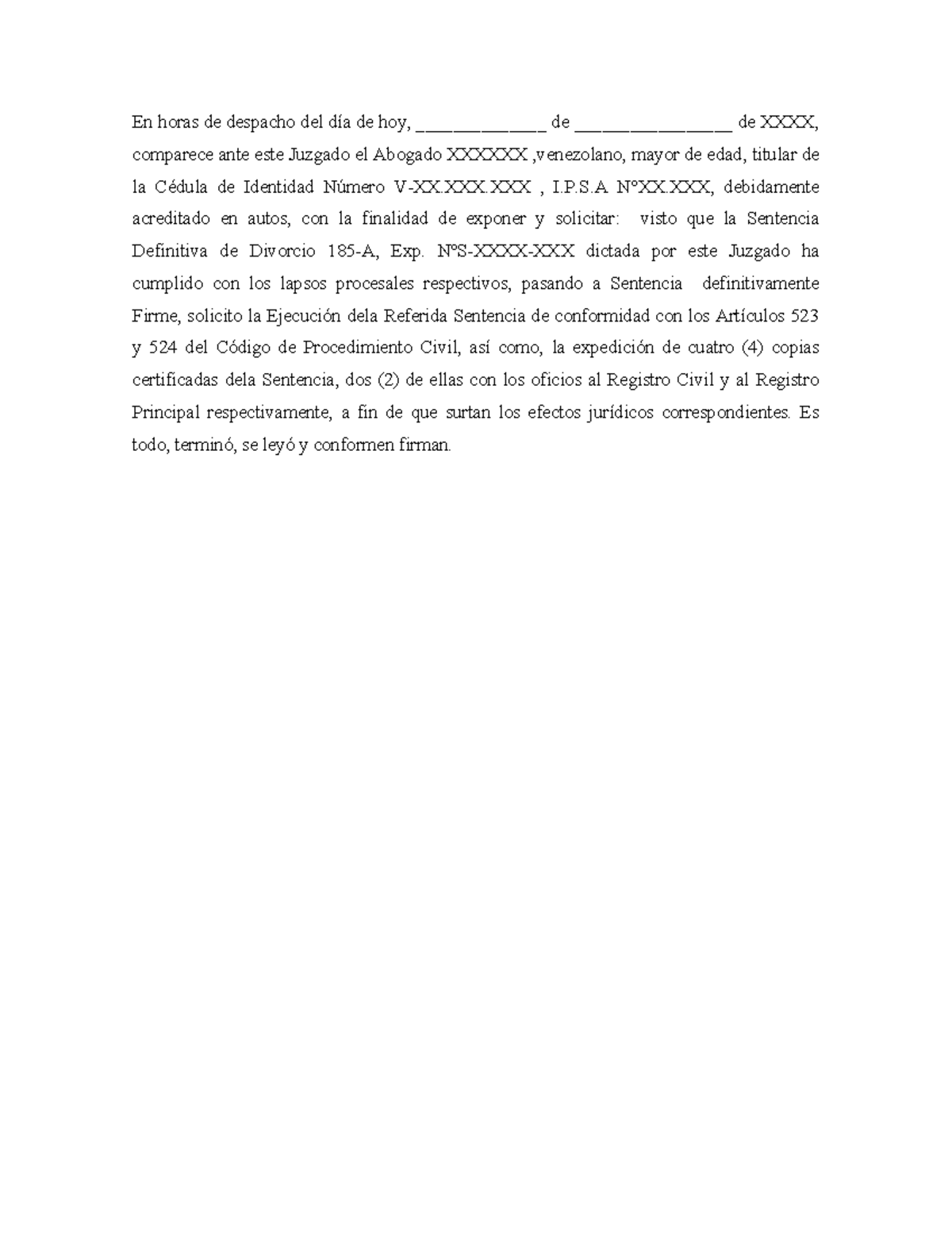 Solicitud de Ejecución de Sentencia de Divorcio - Exp. 523/524 - Studocu