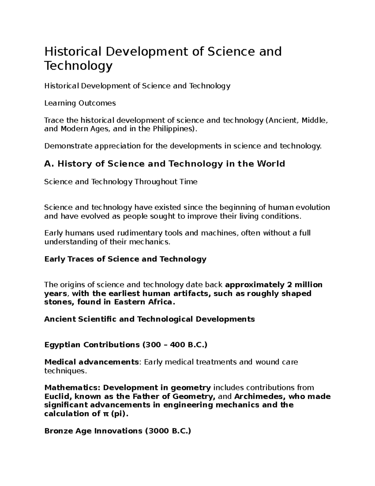 Historical Development of Science and Technology: LESSON 2 Notes - Studocu