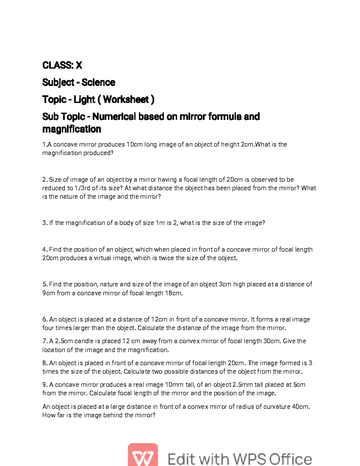 CLASS: X Science Worksheet on Light - Mirror Formula & Magnification ...