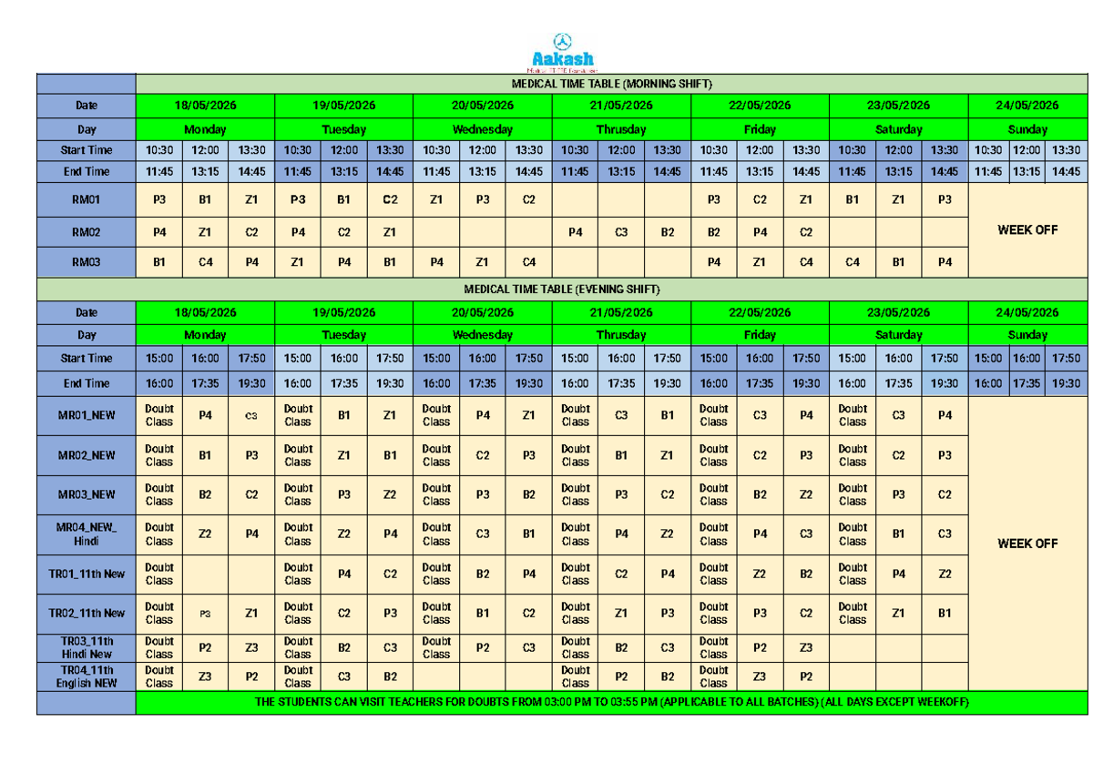 Medical Time Table (Morning & Evening Shift) 18.04.2026 to 24 - Studocu